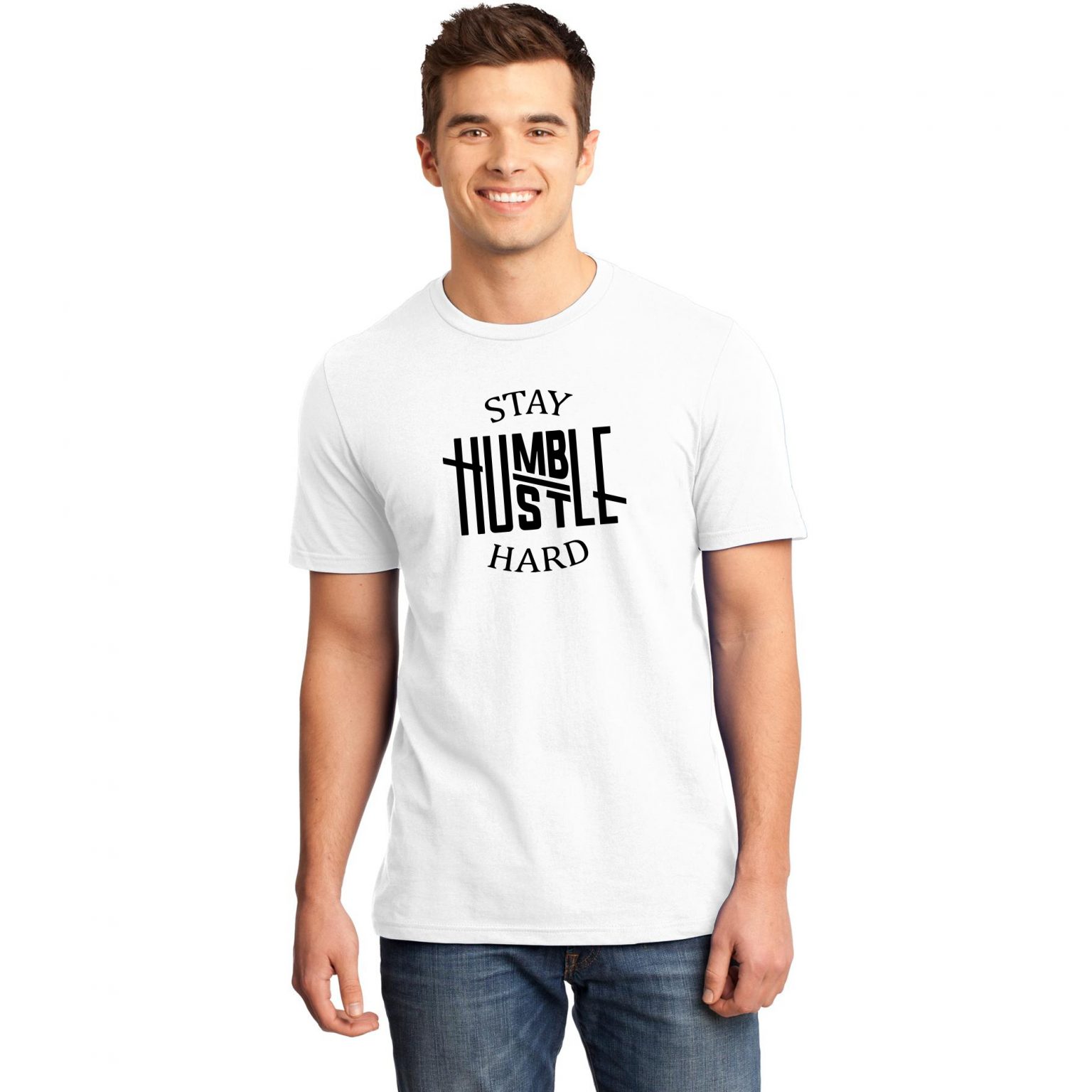 Mens White T Shirt - Stay Humble Hustle Hard - Crown Office Supplies
