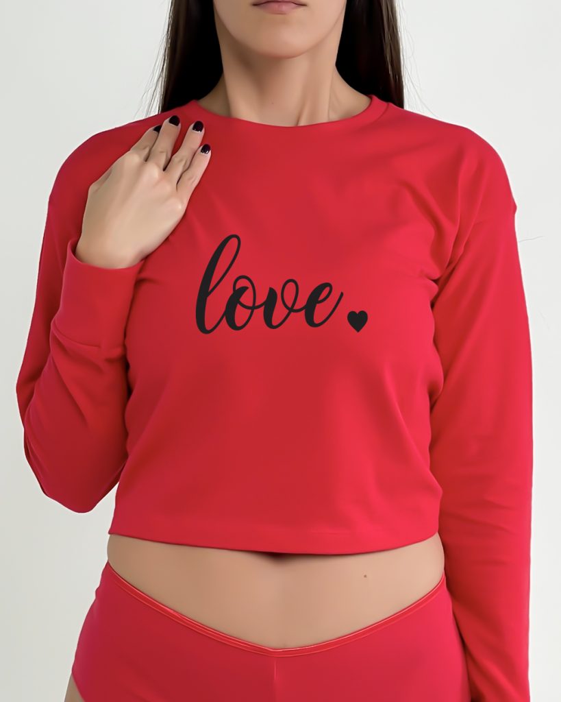 Women's Red Long Sleeve Crop-Top Shirt - Love (In script) - Crown ...