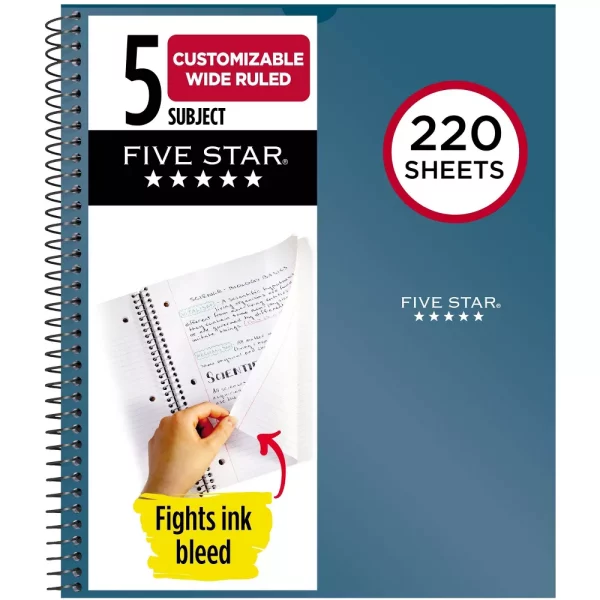 Five Star Customizable - 5 Subject - Wide Ruled - Spiral Notebook ...